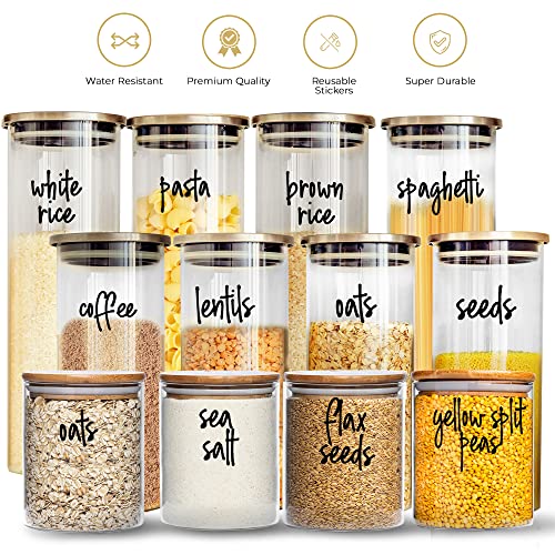 214 Extra Large Kitchen Pantry Labels for Food Storage Containers, Water Resistant - Easy to Read - Preprinted Black Script on Clear Stickers for Jar & Canisters - Kitchen Labels for Organizing