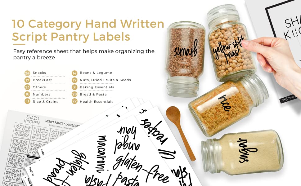 214 Extra Large Kitchen Pantry Labels for Food Storage Containers, Water Resistant - Easy to Read - Preprinted Black Script on Clear Stickers for Jar & Canisters - Kitchen Labels for Organizing