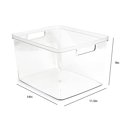 Isaac Jacobs 2-Pack Extra-Large Clear Storage Bins (11.5” L x 14” W x 9” H) w/ Cutout Handles, Plastic Organizer for Home, for Kitchen, Fridge, Pantry, BPA Free, Food Safe (2-Pack, Extra-Large)