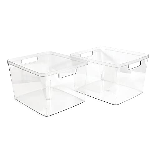 Isaac Jacobs 2-Pack Extra-Large Clear Storage Bins (11.5” L x 14” W x 9” H) w/ Cutout Handles, Plastic Organizer for Home, for Kitchen, Fridge, Pantry, BPA Free, Food Safe (2-Pack, Extra-Large)