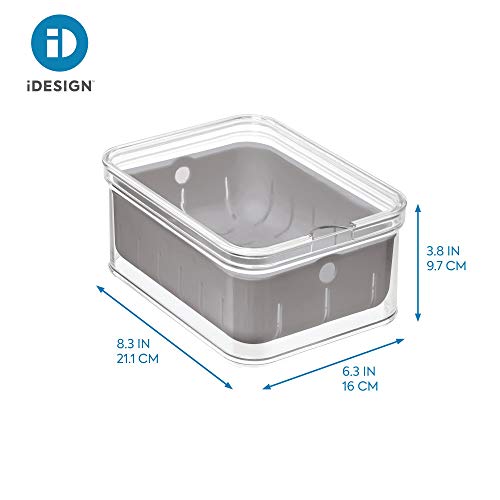 iDesign Recycled Plastic Crisp Produce Storage Containers with Lid and Colander Basket Designed to Keep Food Fresh Longer, 8.32” x 6.32” x 3.76”, Clear/Gray