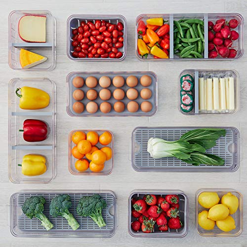 iDesign Recycled Plastic Crisp Produce Storage Containers with Lid and Colander Basket Designed to Keep Food Fresh Longer, 8.32” x 6.32” x 3.76”, Clear/Gray