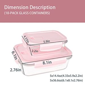 [10 Packs, 20 Pieces] Glass Food Storage Containers with Lids (Built in Vent), Airtight Meal Prep Containers, Glass Bento Boxes for Home Kitchen, BPA Free & Leak Proof (10 lids & 10 Containers) - Pink