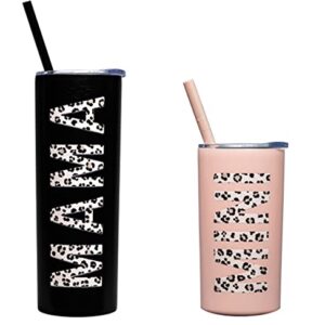 Lucky Love Mama + Mini Stainless Steel Cups for Kids and Adults - 3D Printed Leopard Insulated Tumblers with Lids and Straws Making This Mom Mug and Toddler Straw Cup Spill Proof (Black and Blush)