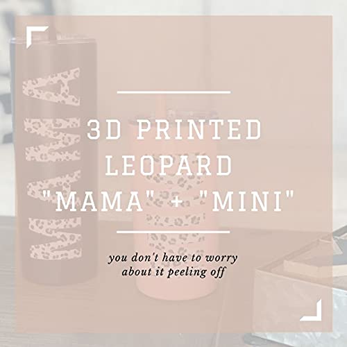 Lucky Love Mama + Mini Stainless Steel Cups for Kids and Adults - 3D Printed Leopard Insulated Tumblers with Lids and Straws Making This Mom Mug and Toddler Straw Cup Spill Proof (Black and Blush)