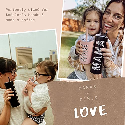 Lucky Love Mama + Mini Stainless Steel Cups for Kids and Adults - 3D Printed Leopard Insulated Tumblers with Lids and Straws Making This Mom Mug and Toddler Straw Cup Spill Proof (Black and Blush)