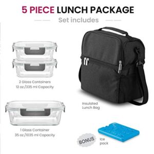 8-Piece Insulated Lunch Box Set - Insulated Lunch Bag for Women Men - 6-pc Glass Food Container Set, 3 Glass Containers Leakproof Locking Lids & Ice Pack - 2-Compartment Cooler Tote for Office Work