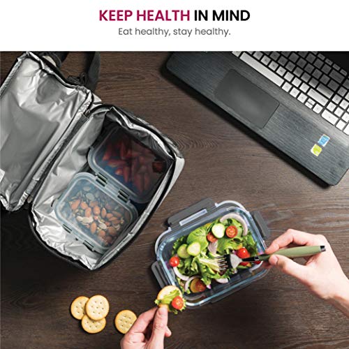 8-Piece Insulated Lunch Box Set - Insulated Lunch Bag for Women Men - 6-pc Glass Food Container Set, 3 Glass Containers Leakproof Locking Lids & Ice Pack - 2-Compartment Cooler Tote for Office Work