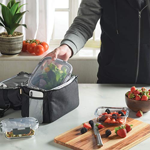 8-Piece Insulated Lunch Box Set - Insulated Lunch Bag for Women Men - 6-pc Glass Food Container Set, 3 Glass Containers Leakproof Locking Lids & Ice Pack - 2-Compartment Cooler Tote for Office Work