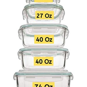 Glass Food Storage Containers 10 Pc, Airtight Glass Storage Containers with Lids, Glass Lunch Bento Boxes, Leak Proof BPA Free Large Glass Containers (5 lids, 5 Containers) Glass Containers with Lids