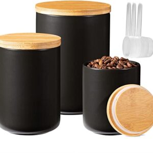 Kitchen Canisters with Bamboo Lids-Set of 3 Food Storage Jar 84/32/15 OZ Airtight Seal Ceramic Containers with Measuring Spoons and Stickers Kitchen Canisters for Coffee/Sugar/Tea/ Farmhouse (black)