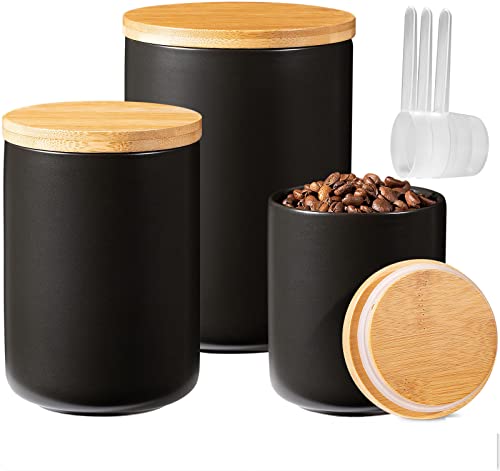 Kitchen Canisters with Bamboo Lids-Set of 3 Food Storage Jar 84/32/15 OZ Airtight Seal Ceramic Containers with Measuring Spoons and Stickers Kitchen Canisters for Coffee/Sugar/Tea/ Farmhouse (black)