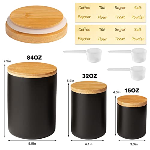 Kitchen Canisters with Bamboo Lids-Set of 3 Food Storage Jar 84/32/15 OZ Airtight Seal Ceramic Containers with Measuring Spoons and Stickers Kitchen Canisters for Coffee/Sugar/Tea/ Farmhouse (black)