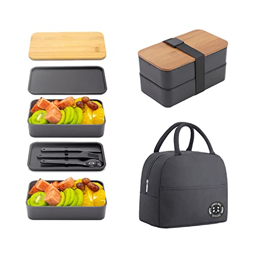 Collect Beauty Japanese Bento Box,2 Layer Lunch Box , Meal Prep Lunch Container with Bamboo Chopping Board Lid,Bag,Cutlery,Divider,Bento Lunch Box for Kids and Adults Black