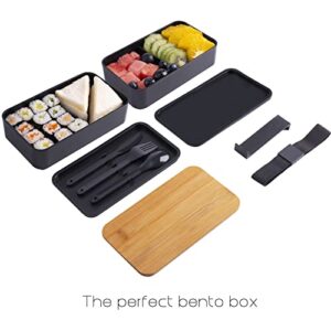 Collect Beauty Japanese Bento Box,2 Layer Lunch Box , Meal Prep Lunch Container with Bamboo Chopping Board Lid,Bag,Cutlery,Divider,Bento Lunch Box for Kids and Adults Black