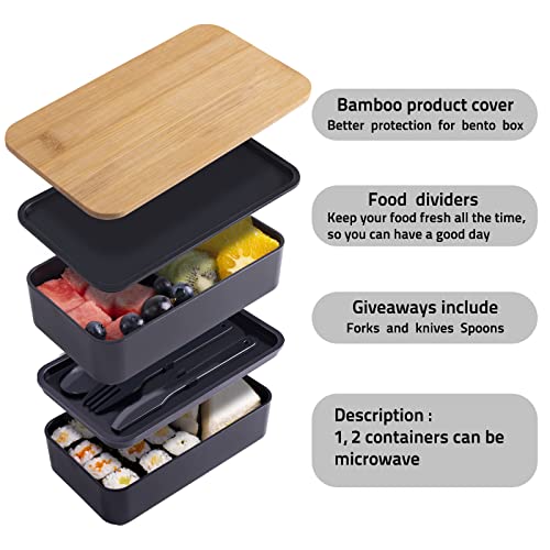 Collect Beauty Japanese Bento Box,2 Layer Lunch Box , Meal Prep Lunch Container with Bamboo Chopping Board Lid,Bag,Cutlery,Divider,Bento Lunch Box for Kids and Adults Black