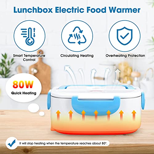 HYAUGX Electric Lunch Box Food Warmer 80W Quick Heater for Adult 1.5L Portable Lunchbox 3-in-1 for Truck/Car/Home, Self Heating Box with Removable SS Container/Spoon/Fork/Insulation Bag/Seal Ring