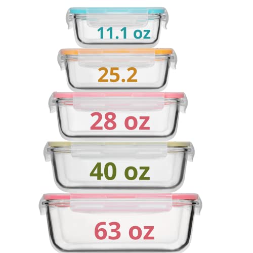 Glass Food Storage Containers 10 Pc, Airtight Glass Storage Containers with Lids, Glass Lunch Bento Boxes, Leak Proof BPA Free Glass Meal Prep Containers (5 lids, 5 Containers) Color Coordinating Lids