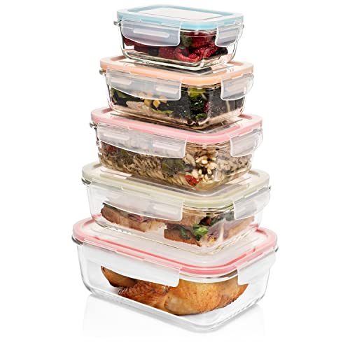 Glass Food Storage Containers 10 Pc, Airtight Glass Storage Containers with Lids, Glass Lunch Bento Boxes, Leak Proof BPA Free Glass Meal Prep Containers (5 lids, 5 Containers) Color Coordinating Lids