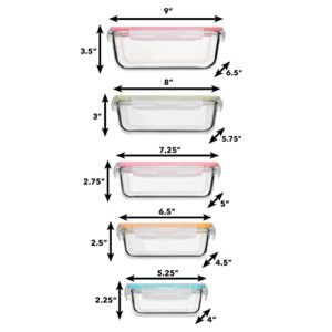 Glass Food Storage Containers 10 Pc, Airtight Glass Storage Containers with Lids, Glass Lunch Bento Boxes, Leak Proof BPA Free Glass Meal Prep Containers (5 lids, 5 Containers) Color Coordinating Lids