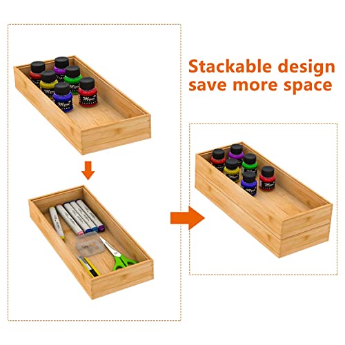 Bamboo Drawer Organizer Storage Box Kitchen - Wood Stackable Tray Utensil Organizer for Office Drawers, Cabinets, Shelves, Pantry, or Bathroom Counter, Drawer Dividers for Silverware Set of 2, 15x6x2.5 inch