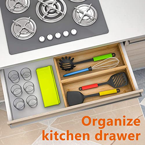 Bamboo Drawer Organizer Storage Box Kitchen - Wood Stackable Tray Utensil Organizer for Office Drawers, Cabinets, Shelves, Pantry, or Bathroom Counter, Drawer Dividers for Silverware Set of 2, 15x6x2.5 inch