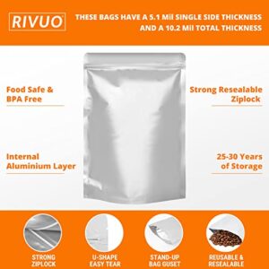 RIVUO 100 Mylar Bags For Food Storage With Oxygen Absorbers 300cc and Labels - 10.2 Mil Total/5.1 Mil Single Side Thickness - 10"x14", 6"x9", 4"x6"- 100 Oxygen Absorbers 300cc (10 Packs of 10)