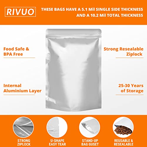 RIVUO 100 Mylar Bags For Food Storage With Oxygen Absorbers 300cc and Labels - 10.2 Mil Total/5.1 Mil Single Side Thickness - 10"x14", 6"x9", 4"x6"- 100 Oxygen Absorbers 300cc (10 Packs of 10)