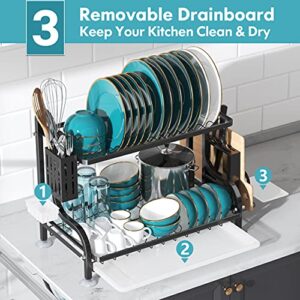 MAJALiS Dish Drying Rack for Kitchen Counter, 2 Tier Large Dish Drainers with Drainboard Set and Utensil Holder, Dish Dryer Strainer (Black, Stainless Steel)