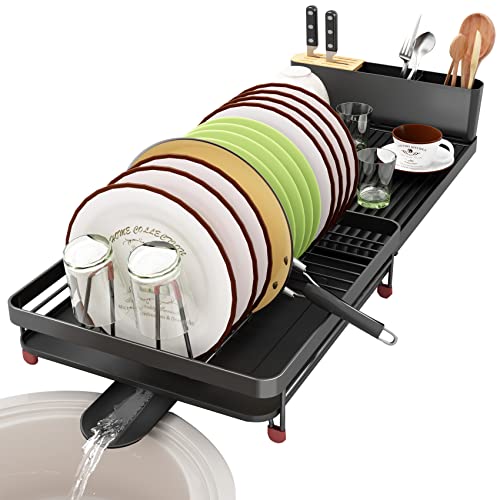 Dish Drying Rack, Auto-Drain Expandable(19.1"-26.9") Kitchen Counter Dish Drainers Rack, Stainless Steel Large Strainers Drying Rack with Drainboard Pan Holder Utensil Holder Caddy Organizer, Black