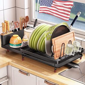 Dish Drying Rack, Auto-Drain Expandable(19.1"-26.9") Kitchen Counter Dish Drainers Rack, Stainless Steel Large Strainers Drying Rack with Drainboard Pan Holder Utensil Holder Caddy Organizer, Black