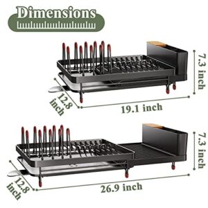 Dish Drying Rack, Auto-Drain Expandable(19.1"-26.9") Kitchen Counter Dish Drainers Rack, Stainless Steel Large Strainers Drying Rack with Drainboard Pan Holder Utensil Holder Caddy Organizer, Black