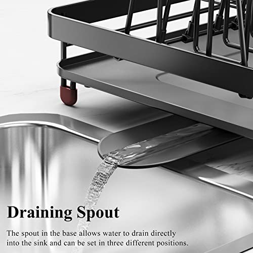 Dish Drying Rack, Auto-Drain Expandable(19.1"-26.9") Kitchen Counter Dish Drainers Rack, Stainless Steel Large Strainers Drying Rack with Drainboard Pan Holder Utensil Holder Caddy Organizer, Black