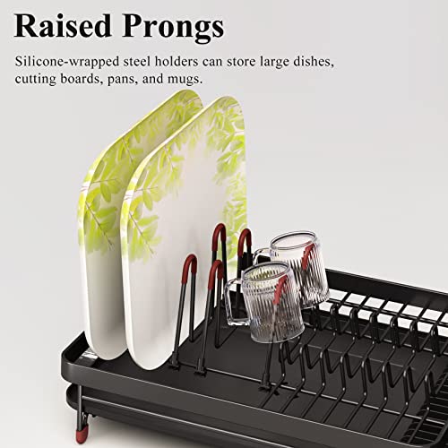 Dish Drying Rack, Auto-Drain Expandable(19.1"-26.9") Kitchen Counter Dish Drainers Rack, Stainless Steel Large Strainers Drying Rack with Drainboard Pan Holder Utensil Holder Caddy Organizer, Black