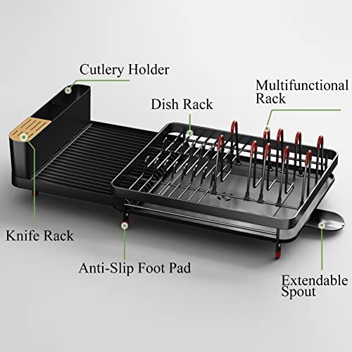 Dish Drying Rack, Auto-Drain Expandable(19.1"-26.9") Kitchen Counter Dish Drainers Rack, Stainless Steel Large Strainers Drying Rack with Drainboard Pan Holder Utensil Holder Caddy Organizer, Black