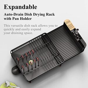 Dish Drying Rack, Auto-Drain Expandable(19.1"-26.9") Kitchen Counter Dish Drainers Rack, Stainless Steel Large Strainers Drying Rack with Drainboard Pan Holder Utensil Holder Caddy Organizer, Black