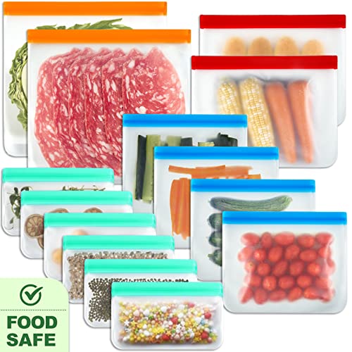 14 Pack Reusable Ziplock Bags Silicone Bags, 2 Large Food Storage Bags 2 Gallon Freezer Bags 4 Sandwich Bags Zip Lock 6 Snack Bags for Kids, Lunch Home Kitchen Fridge Organization Meal Prep Containers