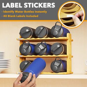 SpaceAid Bamboo Water Bottle Organizer with Labels, Kitchen Pantry Water Bottle Storage Rack for Cabinets, Home Cup and Wine Bottle Holder Shelf Organizers, (3-Tier, Hold 9 Bottles)