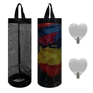 2 pcs plastic bag holder trash bags storage dispenser organizer for home kitchen mesh hanging storage dispensers recycling garbage folding hanging storage bag grocery bags holder with 4 hooks (black)