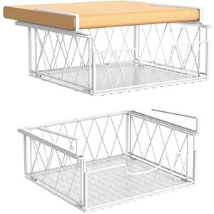 under shelf basket, bextsrack 2 pack sliding wire rack with plastic pad for hanging storage basket, under cabinet organizer for kitchen pantry desk bookshelf – white