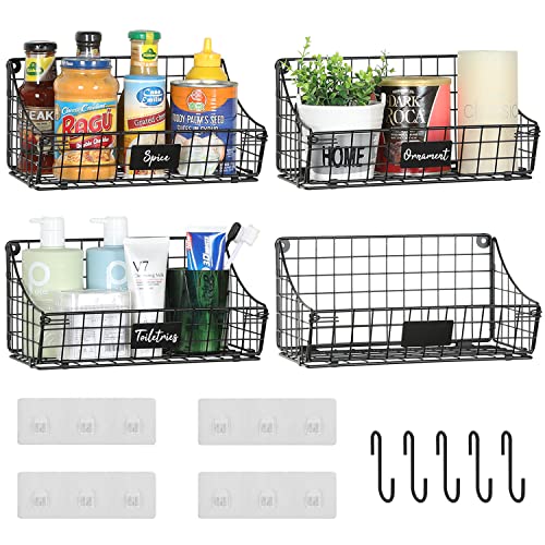 4 Pack Hanging Wall Basket for Organizing, Large Wire Baskets for Storage Pantry with 5 S Hooks+4 Strong Adhesive Wall Hooks, Wall Mounted Metal Wire Storage Baskets Shelf for Cabinet Kitchen Bathroom