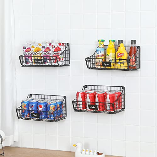 4 Pack Hanging Wall Basket for Organizing, Large Wire Baskets for Storage Pantry with 5 S Hooks+4 Strong Adhesive Wall Hooks, Wall Mounted Metal Wire Storage Baskets Shelf for Cabinet Kitchen Bathroom