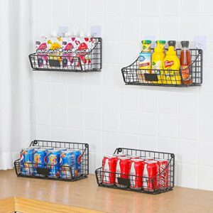 4 Pack Hanging Wall Basket for Organizing, Large Wire Baskets for Storage Pantry with 5 S Hooks+4 Strong Adhesive Wall Hooks, Wall Mounted Metal Wire Storage Baskets Shelf for Cabinet Kitchen Bathroom