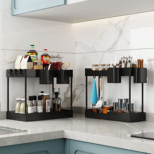 WAKISA 2 Pack Under Sink Organizer, 2 Tier Under Sink Organizers and Storage Kitchen Cabinet Sink Organizer Shelf Rack with 4 Hanging Cups and 5 Hooks for Bathroom Kitchen Office Home Storage