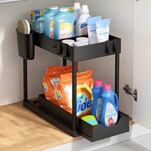 fixwal under sink organizer and storage, 2-tier bathroom organizer, kitchen organization, cabinet organizer, make up organizers and storage with hooks, hanging cup and dividers