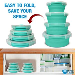 Silicone Collapsible Food Storage Container with Airtight Lid and Air Vent 4 Pack Foldable Meal Prep Round Lunch Box for Kitchen,Stackable, Space Saving,Microwave,Dishwasher and Freezer Safe (Blue)