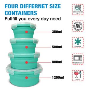 Silicone Collapsible Food Storage Container with Airtight Lid and Air Vent 4 Pack Foldable Meal Prep Round Lunch Box for Kitchen,Stackable, Space Saving,Microwave,Dishwasher and Freezer Safe (Blue)