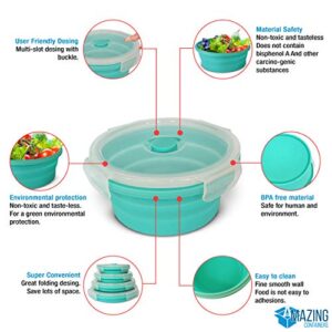 Silicone Collapsible Food Storage Container with Airtight Lid and Air Vent 4 Pack Foldable Meal Prep Round Lunch Box for Kitchen,Stackable, Space Saving,Microwave,Dishwasher and Freezer Safe (Blue)