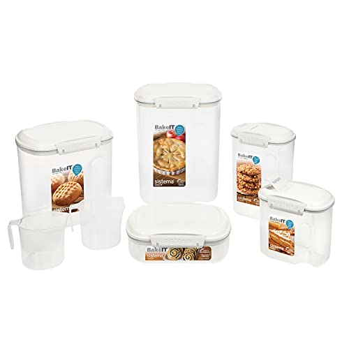 Sistema 5-Piece Food Storage Containers for Pantry with Lids and 2 Measuring Cups for Flour and Sugar, Dishwasher Safe, White