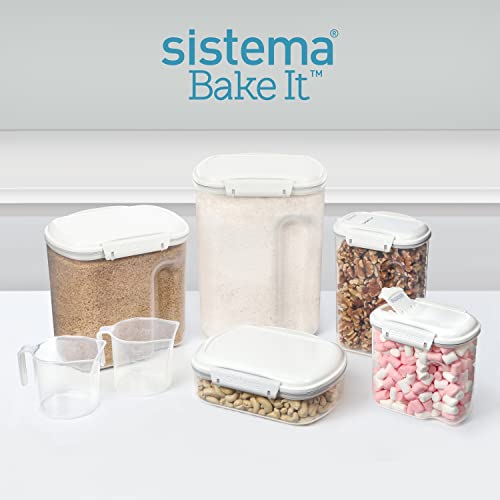 Sistema 5-Piece Food Storage Containers for Pantry with Lids and 2 Measuring Cups for Flour and Sugar, Dishwasher Safe, White